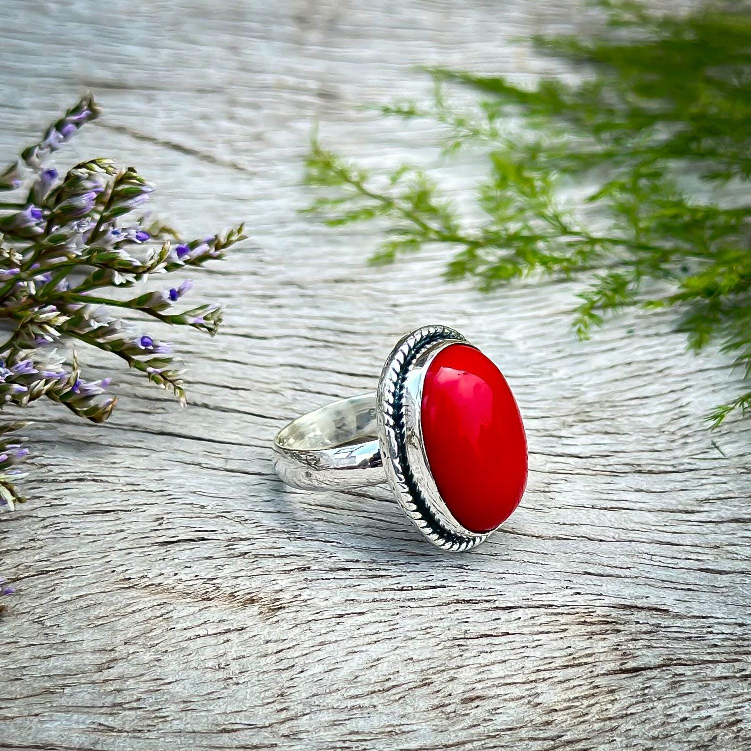 Handmade Red Coral Ring: Oval Sterling Silver Statement Ring - Etsy