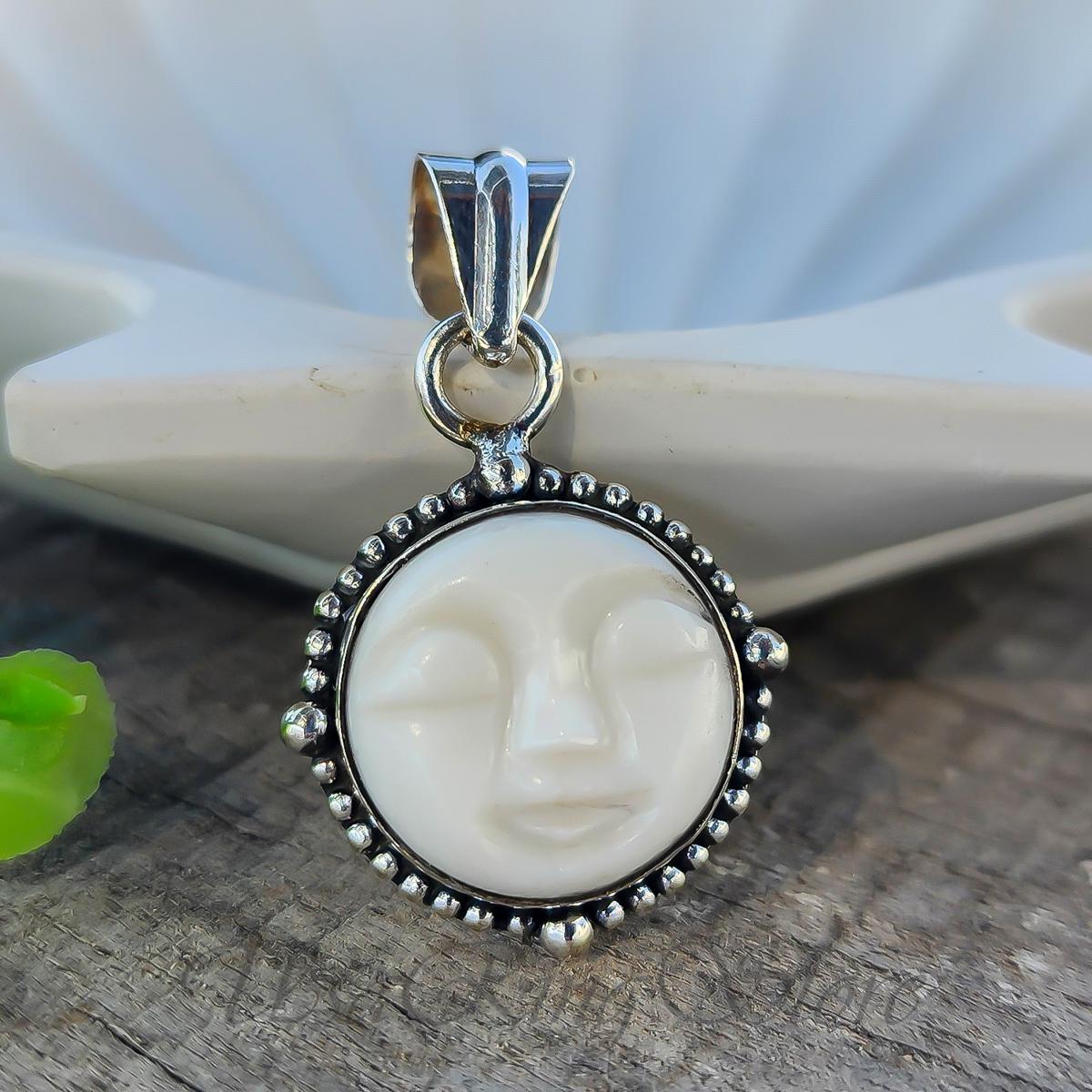 White Coral Moon Face Pendant, Handmade 925 Sterling Silver Gemstone ...