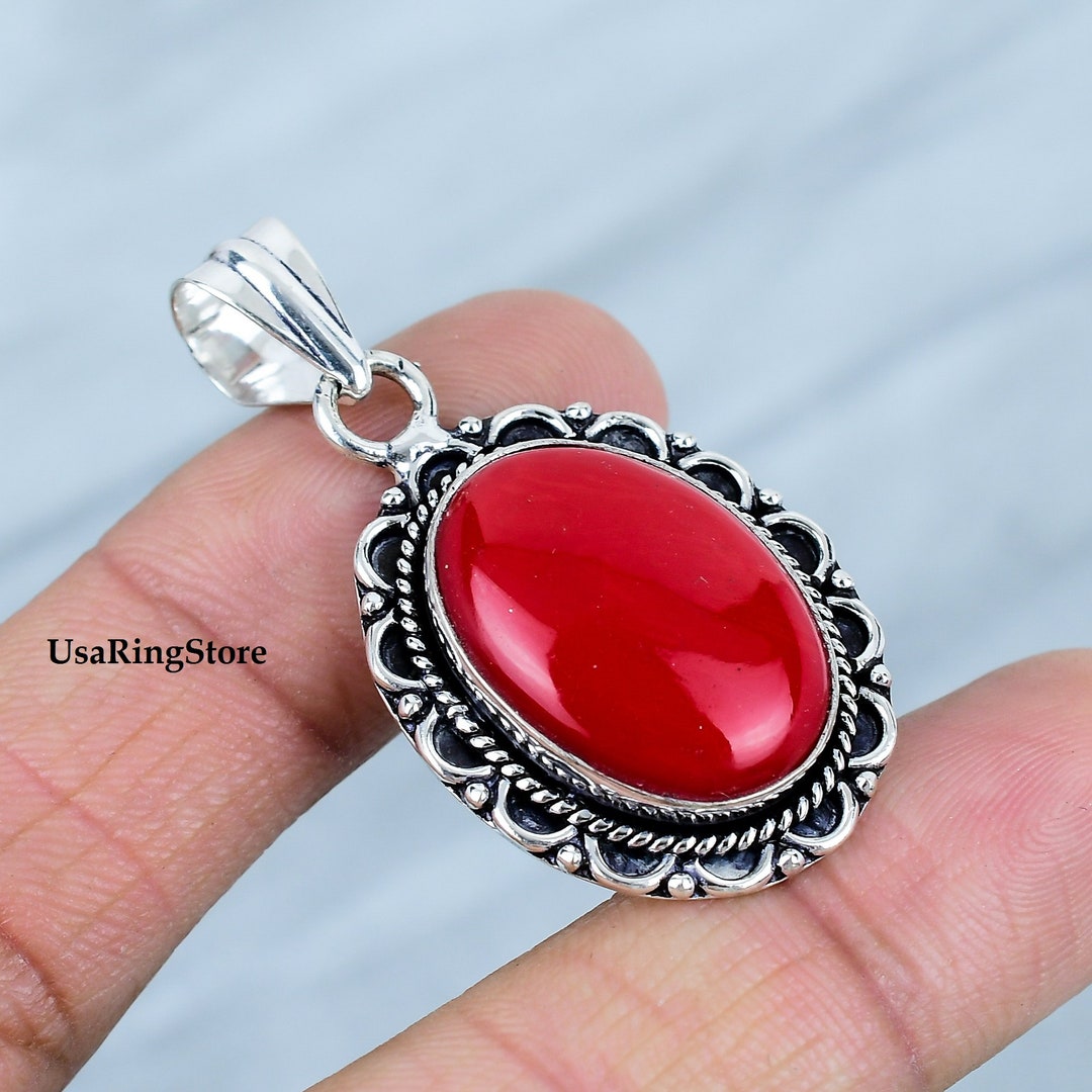 Red Coral Pendant: Handmade 925 Sterling Silver Gemstone Necklace - Etsy