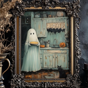 Vintage Ghost in Kitchen Halloween Art Print | Spooky Black Cat and ...