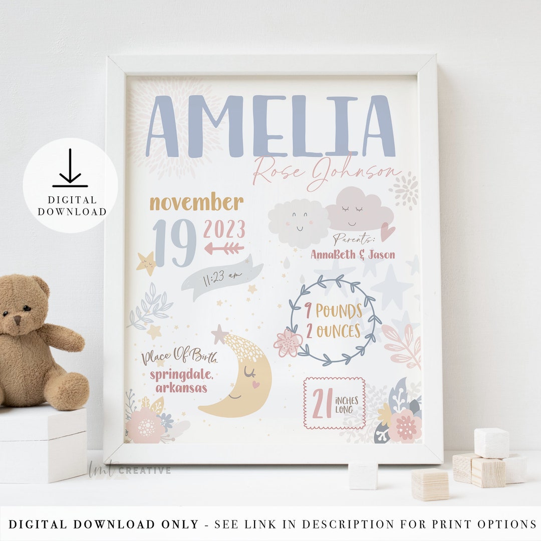 New Baby Personalized Print, Custom Baby Stats Sign, Baby Girl Nursery ...