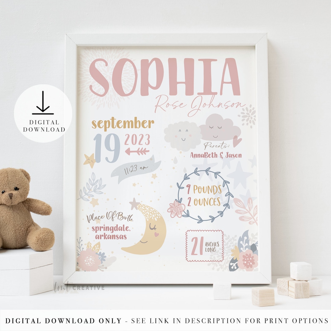 New Baby Personalized Print, Custom Baby Stats Sign, Baby Girl Nursery ...