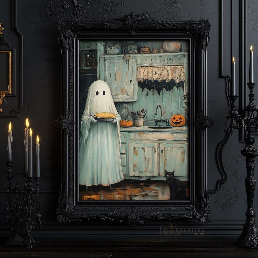 Vintage Ghost in Kitchen Halloween Art Print | Spooky Black Cat and ...