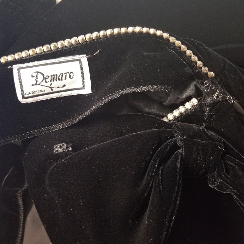 Vintage Demaro Black Velvet Dress, Women's Size 6/8, Rhinestone Deep V ...