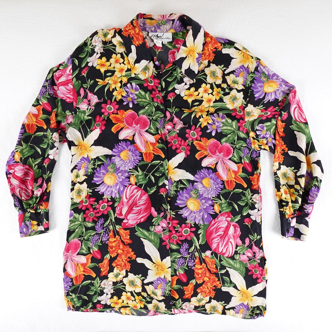 Vintage Peter Nygard Silk Blouse, Women's Medium, High Contrast Floral ...