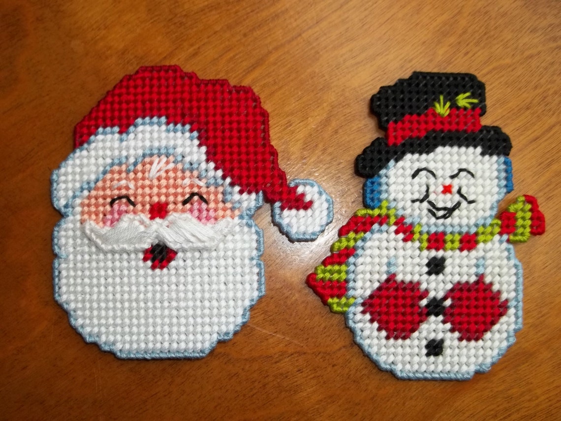 2 Christmas Refrigerator Magnets Santa Claus Face & Snowman Needle ...