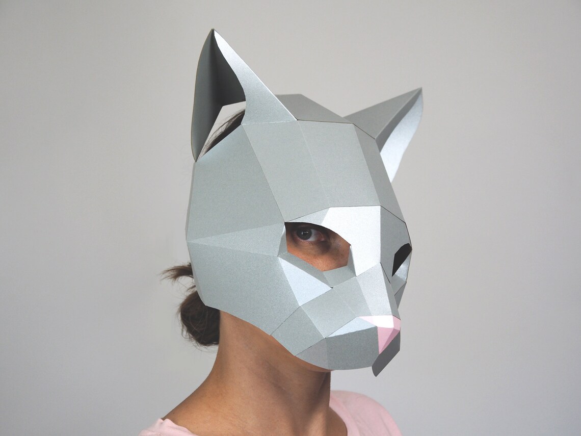 Cat half mask paper animal mask PDF and SVG pattern. Low poly | Etsy