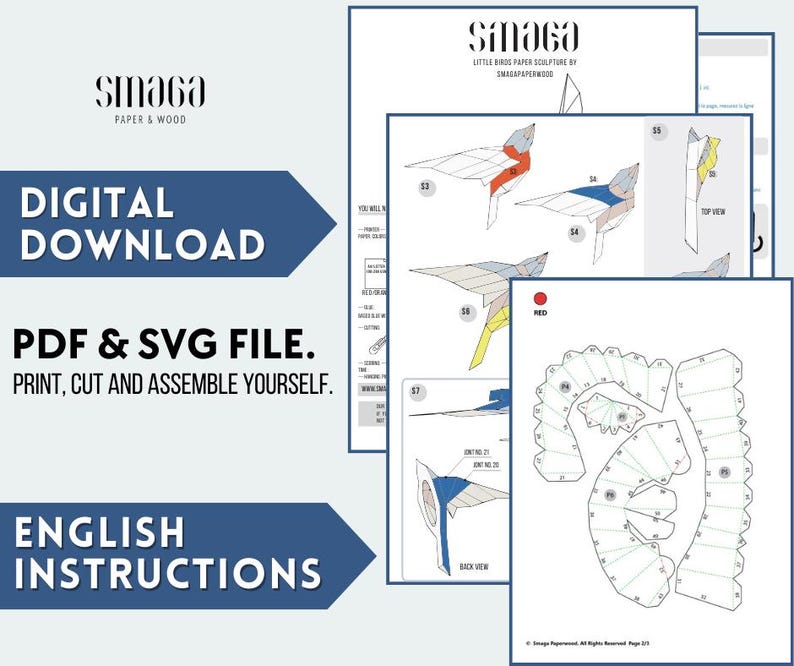 3D Birds Papercraft PDF and SVG Templates, DIY Bedroom Art, Valentine's ...