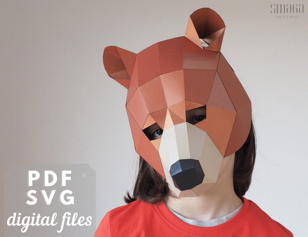 Bear Mask Template, Paper Mask Pattern: SVG + PDF, Bear Costume for ...