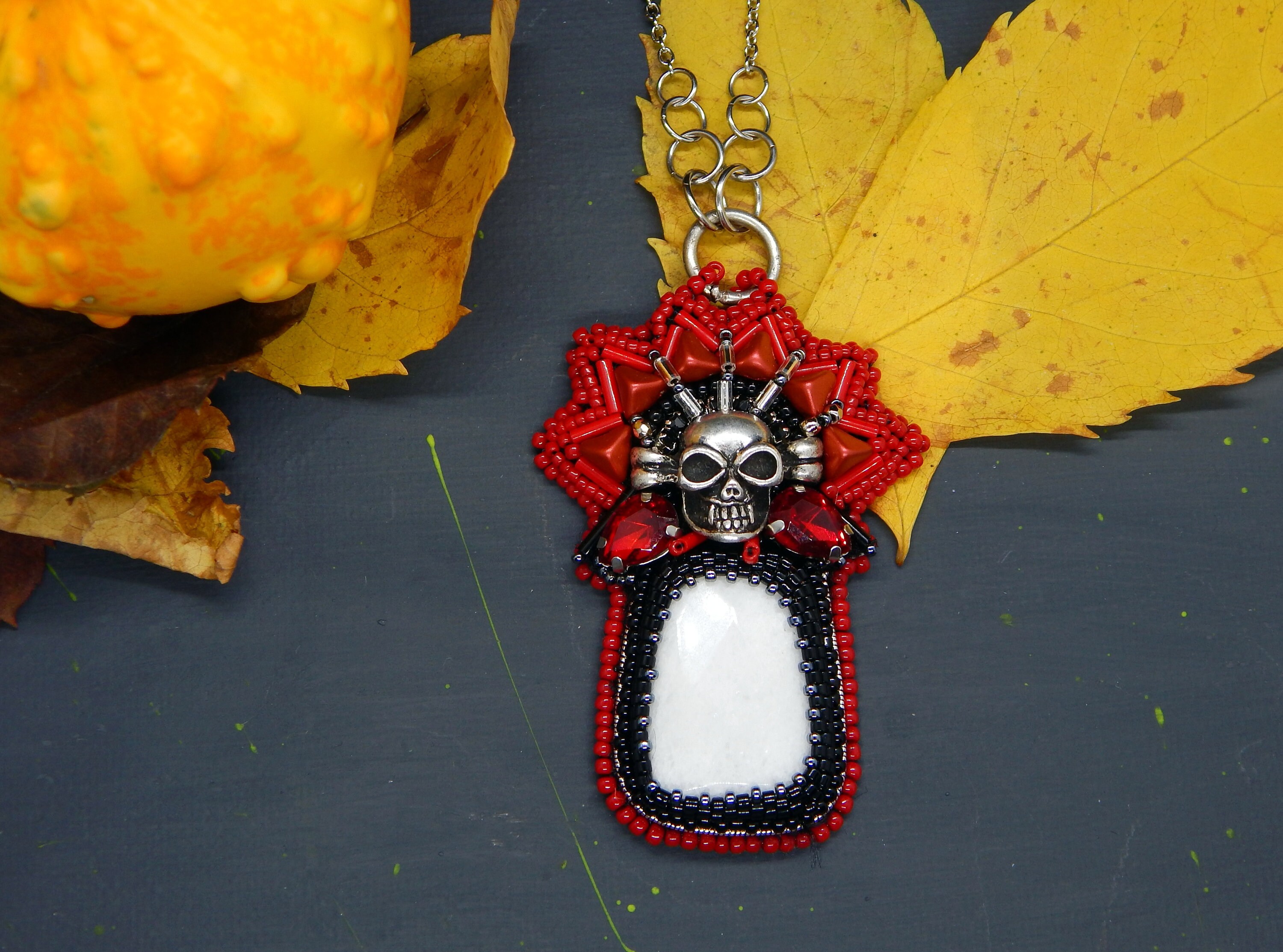 Handmade Skull Necklace With Jade Gemstone, Human Skull Pendant ...