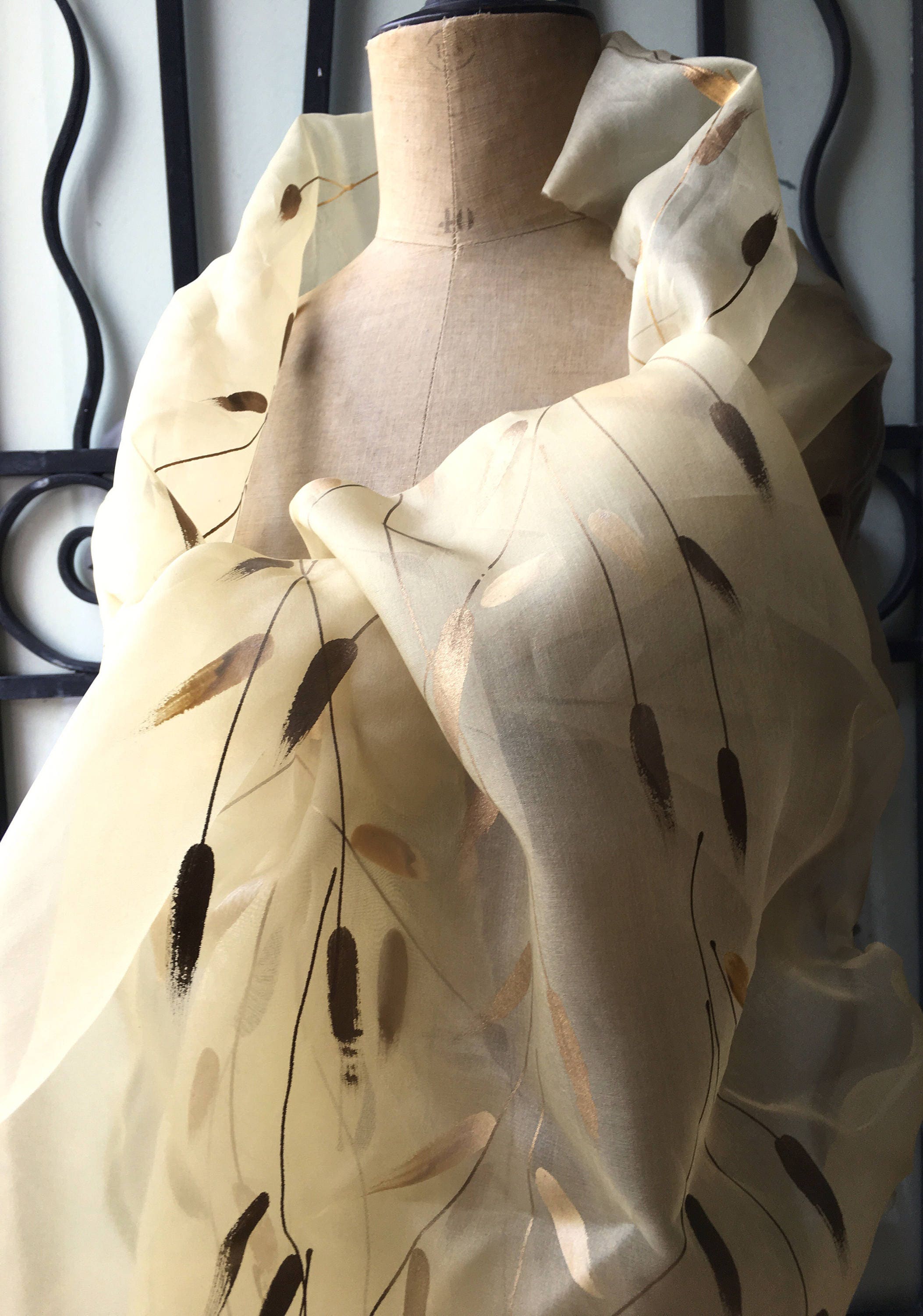 Light Tan Silk Shawl With Gold Leaves Painting Perfect for a Yellow ...