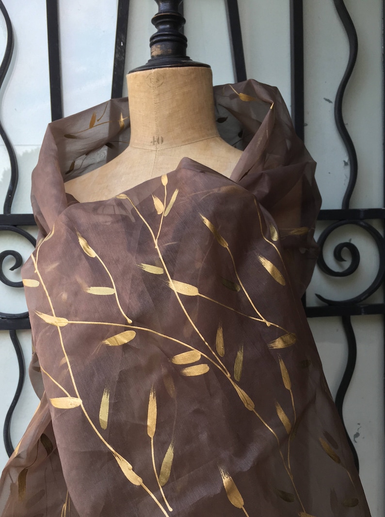 Light Tan Silk Shawl With Gold Leaves Painting Perfect for a Yellow ...