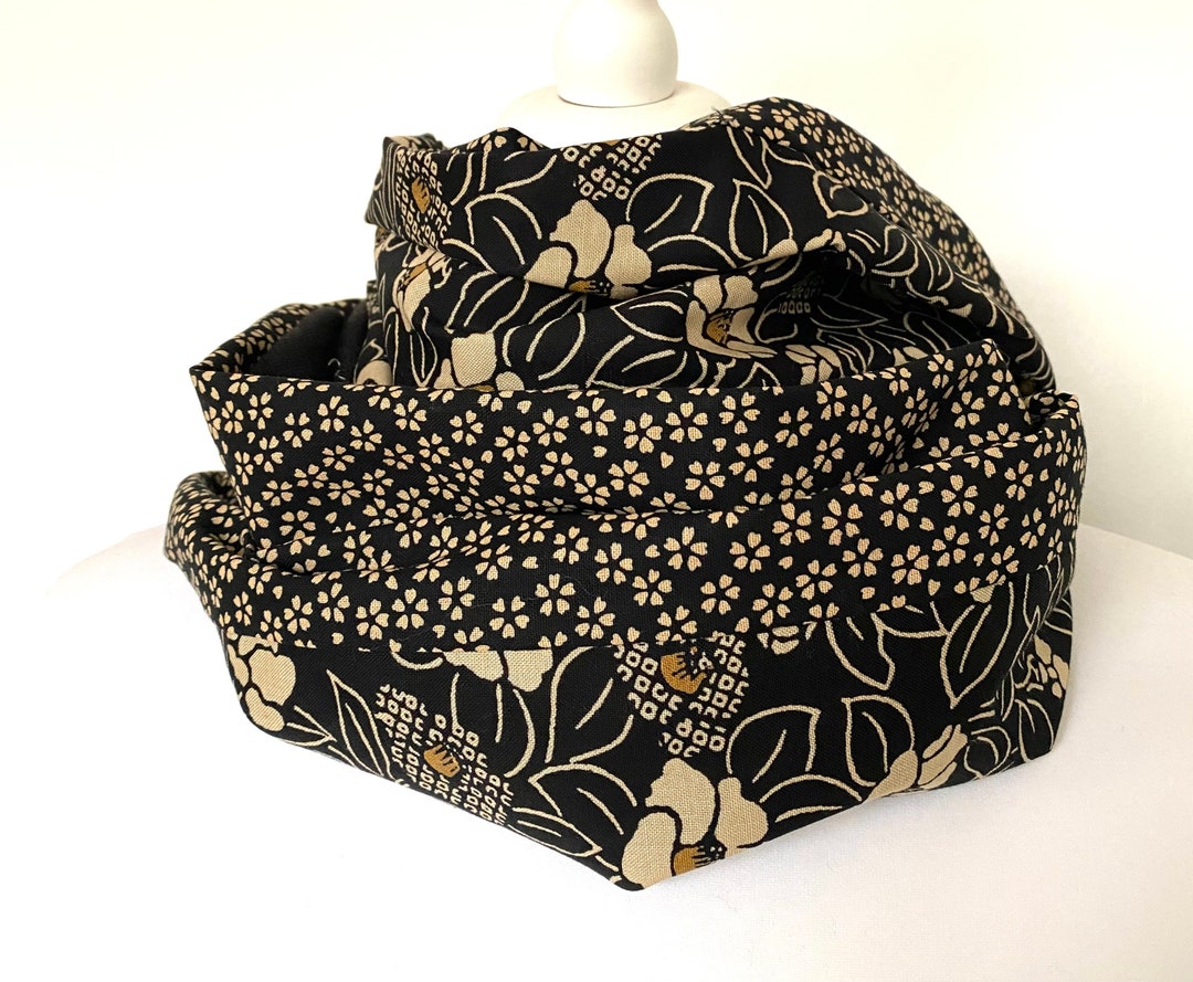 Black and Gold Sakura Flower Snood Scarf - Cotton, Wool & Japanese ...