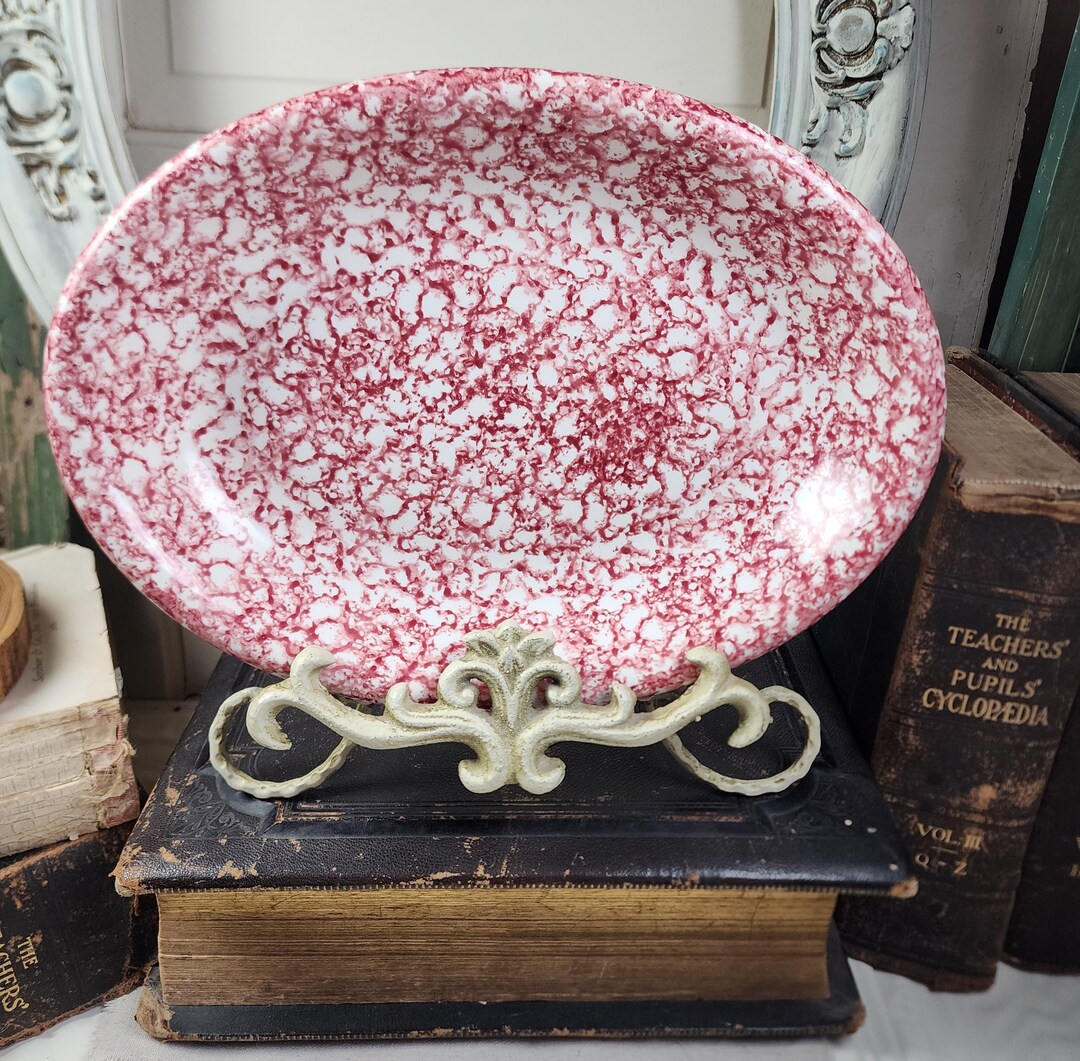 Roma Inc Vtg Large Red Pink Ceramic Bowl Hand Painted Spongeware Made ...