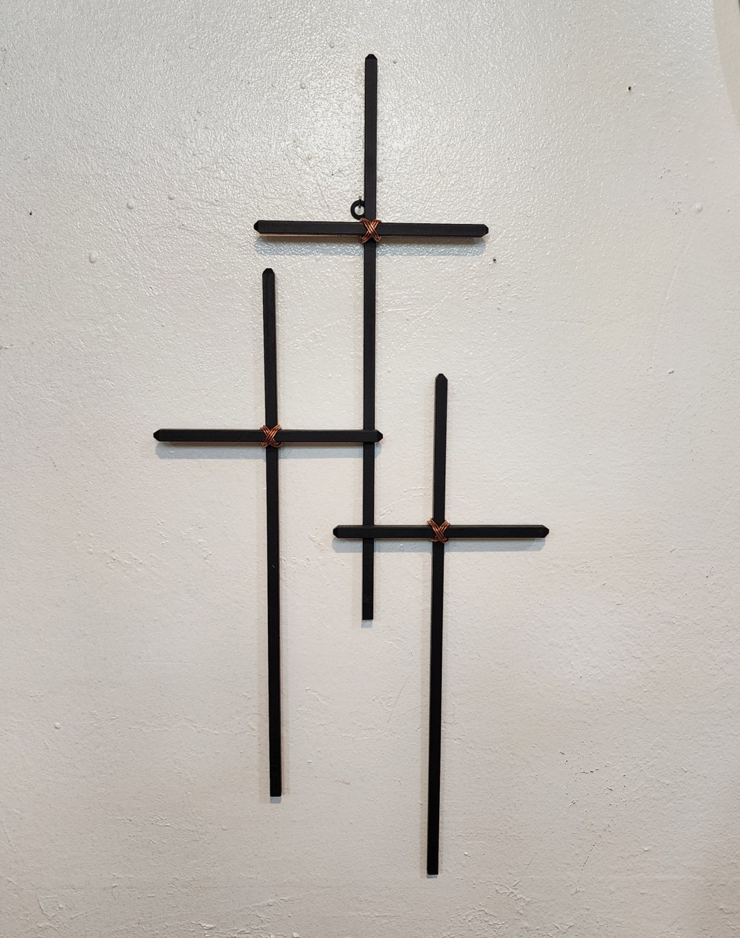 Handmade Wall CROSS Trio Black Iron Welded Metal Copper Wire Religious ...
