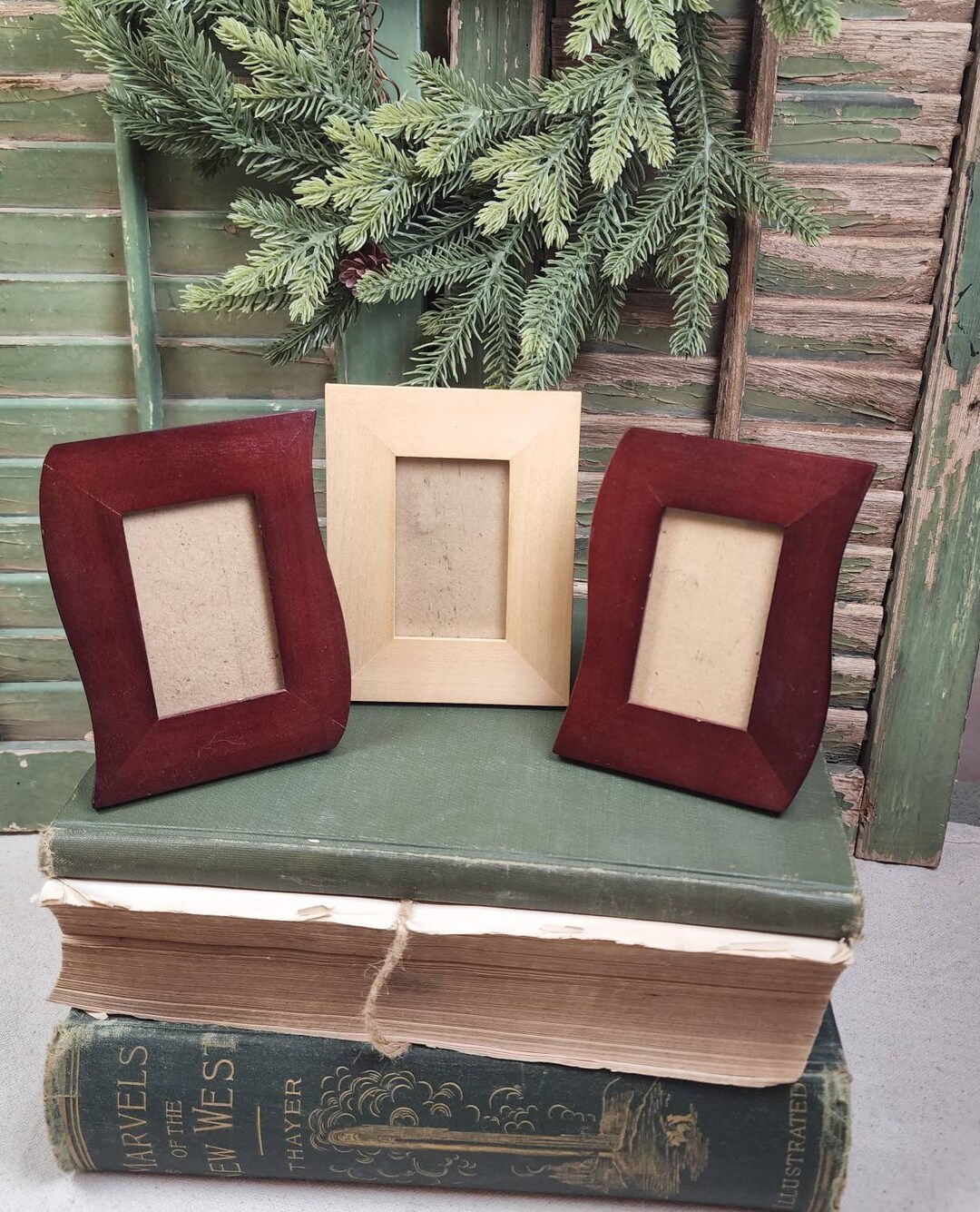 3 Vintage Mini Wood Frames Fits 2x3 Pictures Easel Back Natural & Red ...