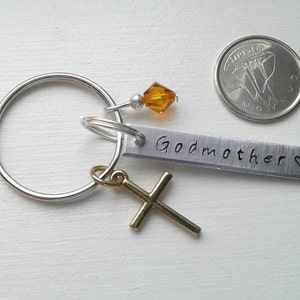 Hand Stamped Godfather or Godmother Keychain With Birthstone and Cross ...