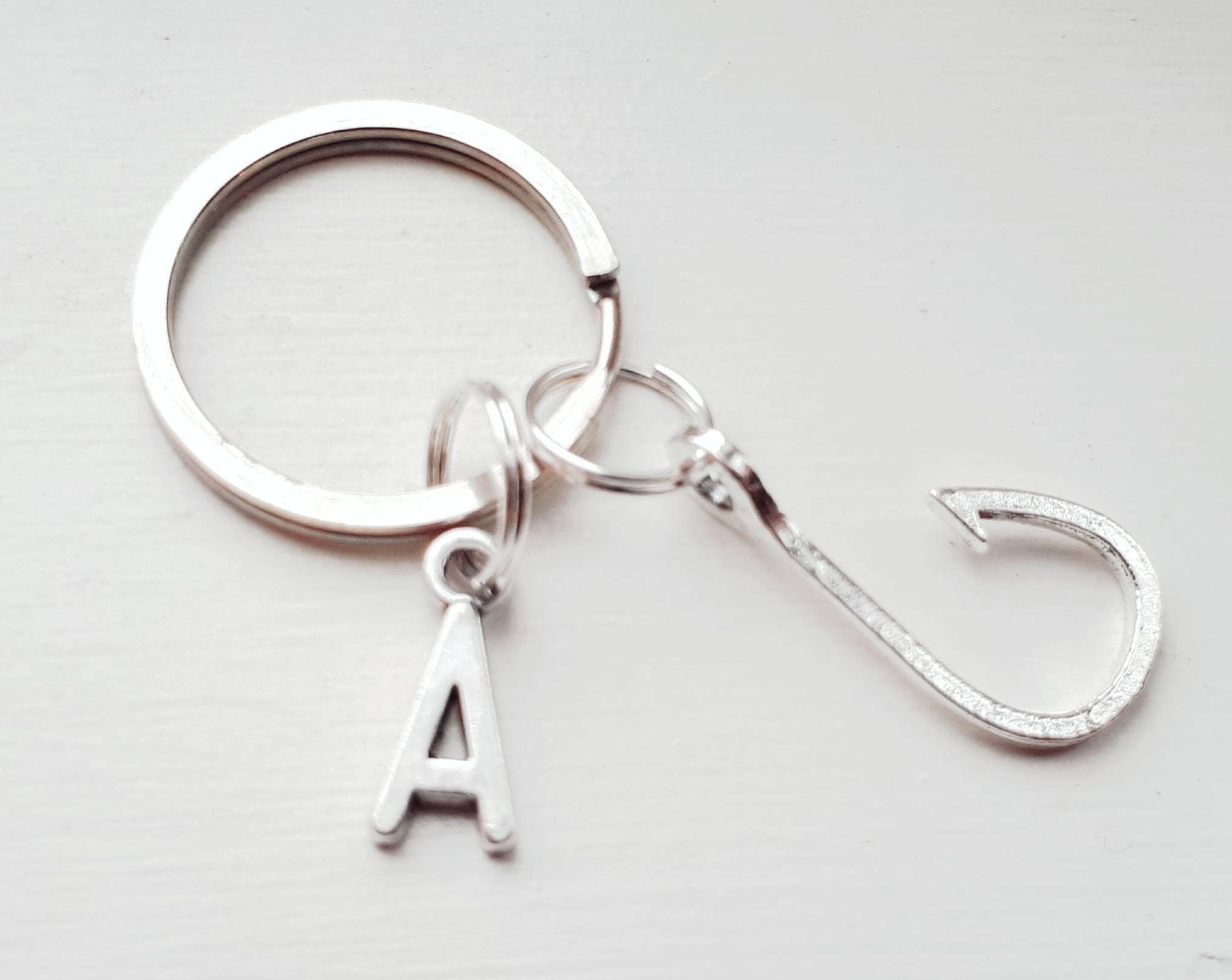 Fish Hook Keychain With Initial Charm Personalized Hook Key | Etsy