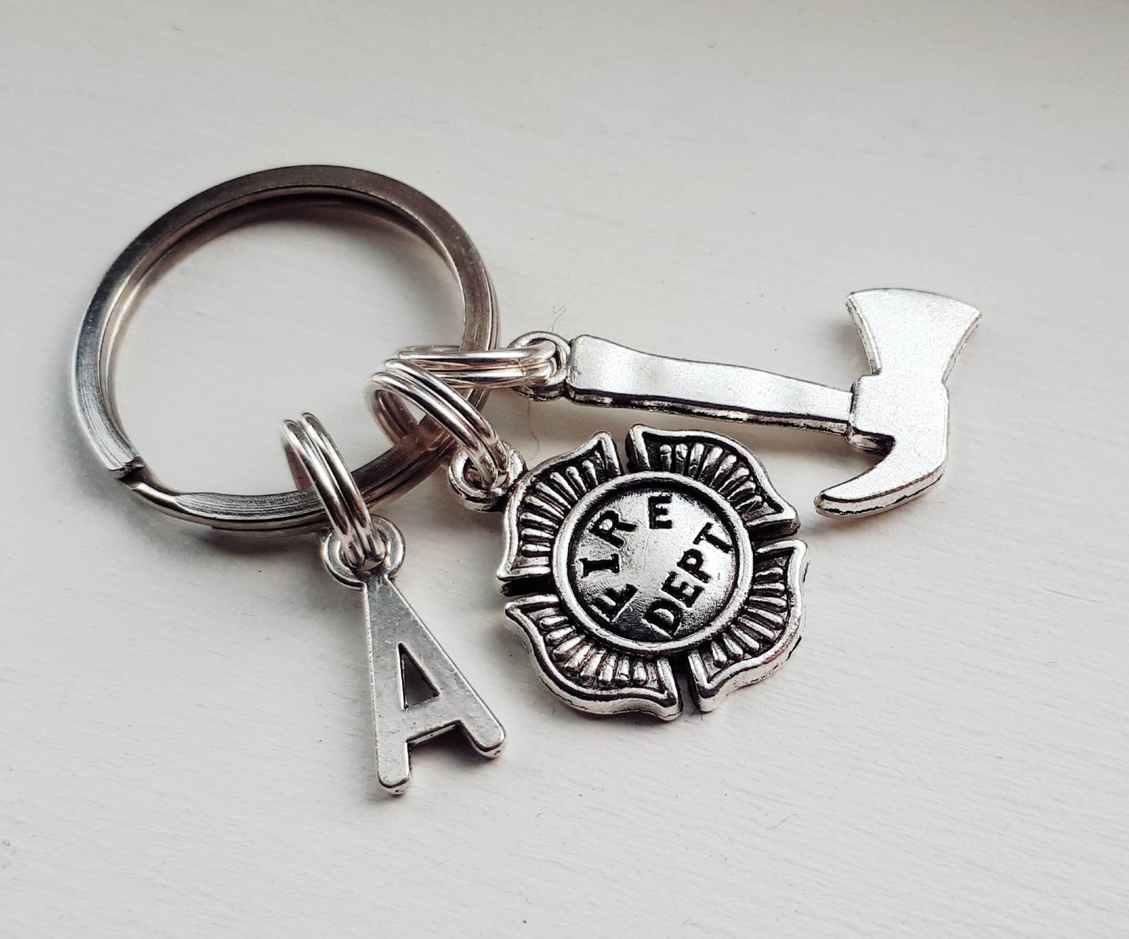 Firefighter Keychain With Initial Charm and Axe Charm - New Fireman Key ...