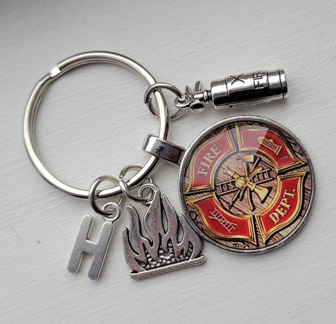 Firefighter Keychain With Initial, Fire and Extinguisher Charm - New ...