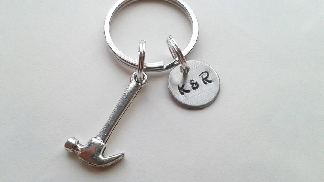 Small Hammer Keychain With Hand Stamped Initial Disc Custom - Etsy