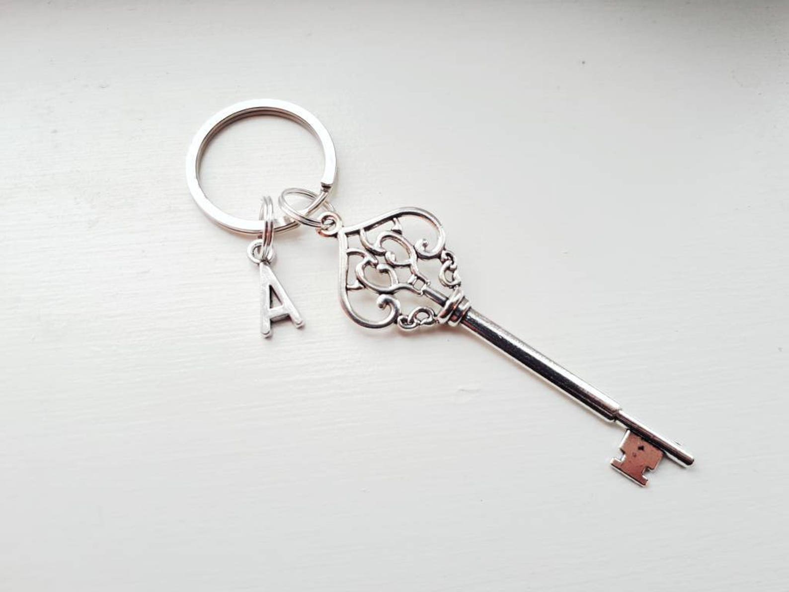 Skeleton Key Keychain With Initial Charm Personalized New | Etsy