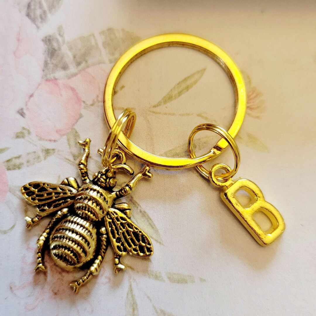 Golden Bumblebee Keychain With Initial Charm - Personalized Gold Bee ...