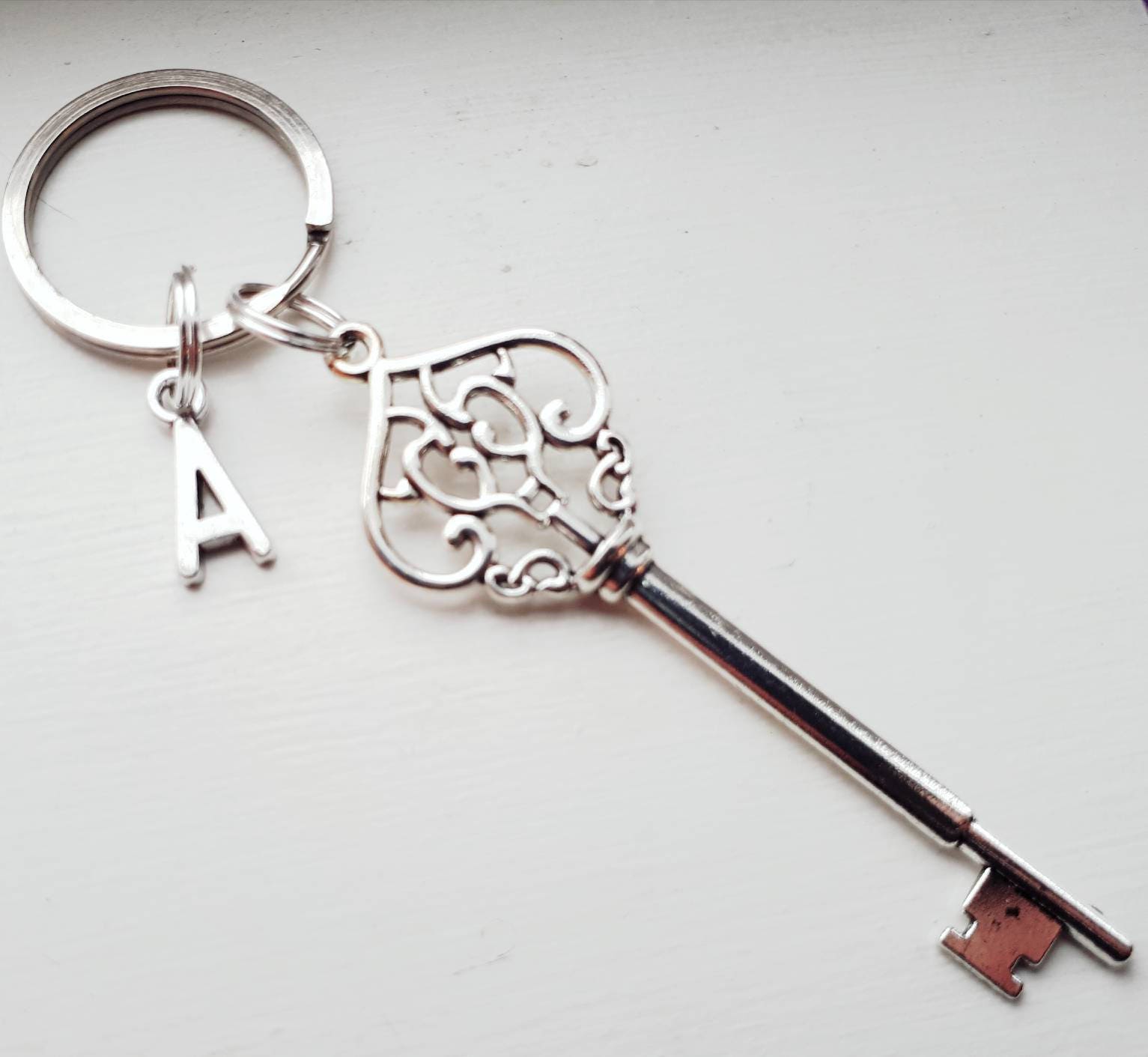 Skeleton Key Keychain With Initial Charm Personalized New | Etsy