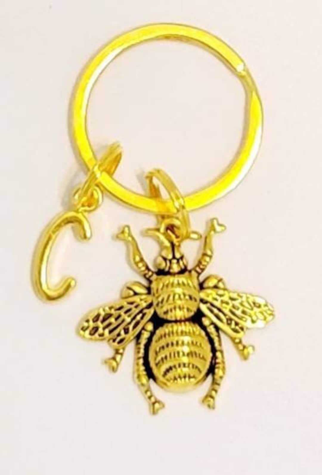 Golden Bumblebee Keychain With Initial Charm Personalized Gold Bee Key ...
