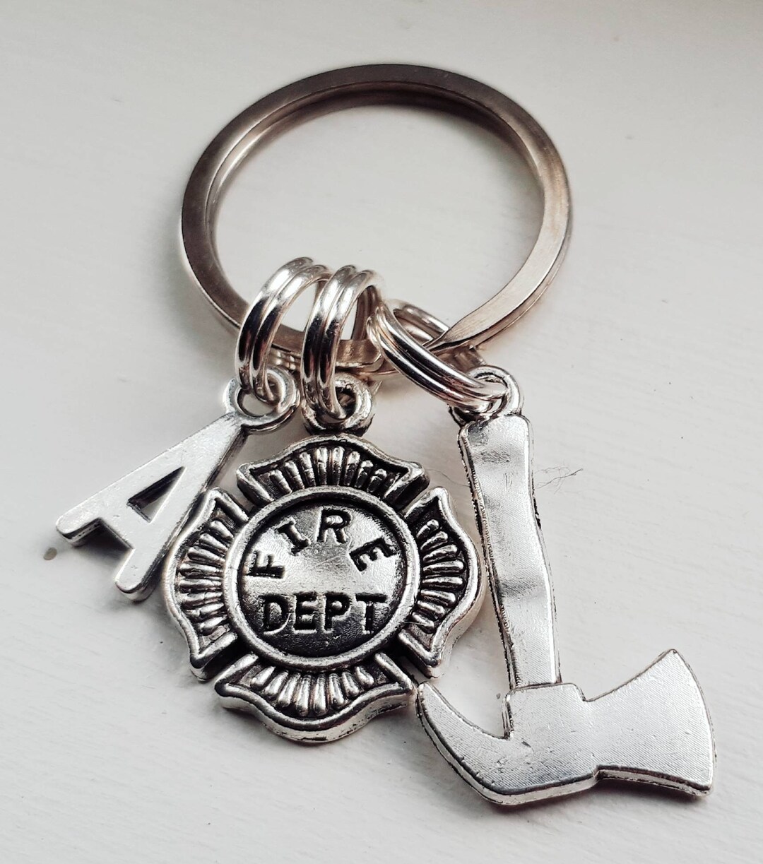 Firefighter Keychain With Initial Charm and Axe Charm - New Fireman Key ...