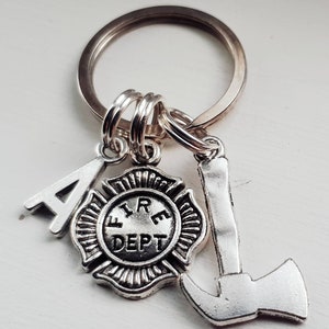 Firefighter Keychain With Initial Charm and Axe Charm - New Fireman Key ...