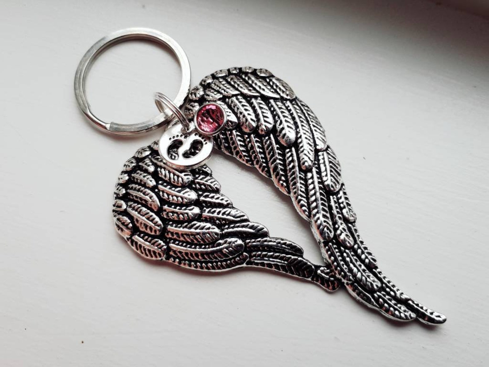 Large Angel Wing Keychain With Footprint Charm and Option of | Etsy