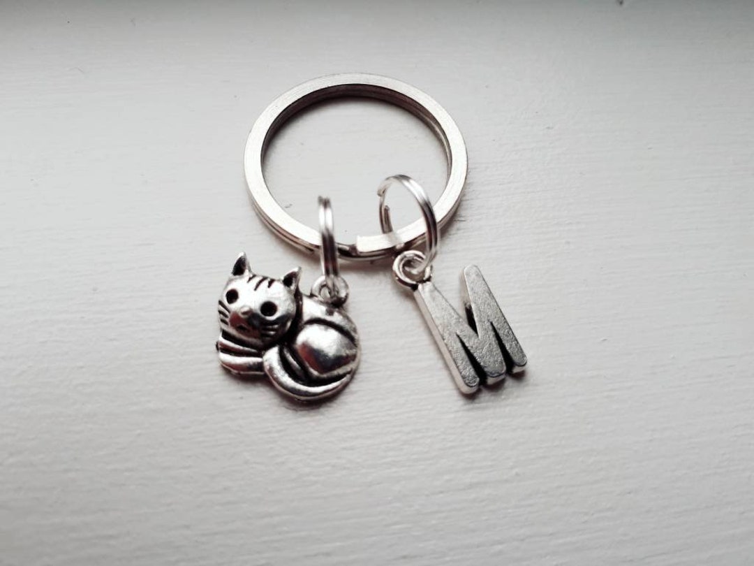 Tiny Cat Keychain With Initial Charm - Etsy