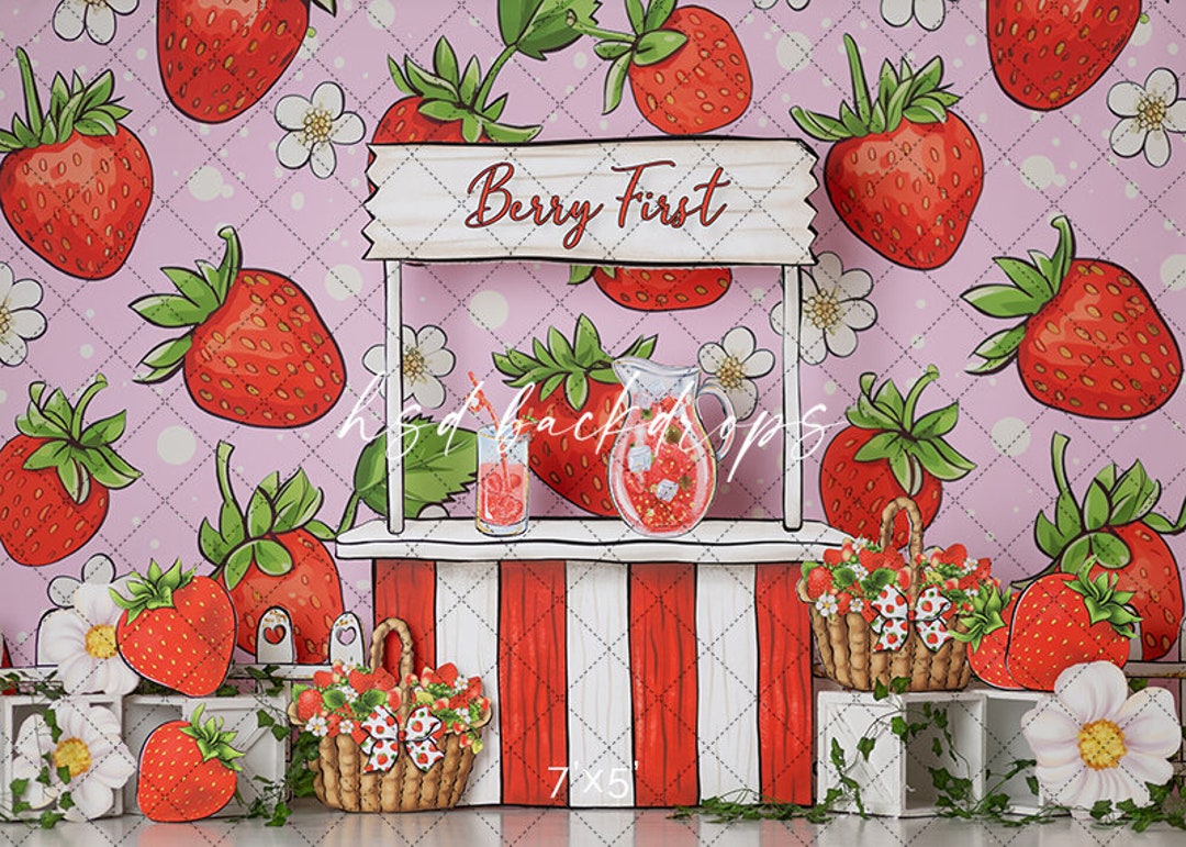 Strawberry Stand Backdrop - First B-day Theme Backdrop - Printed ...