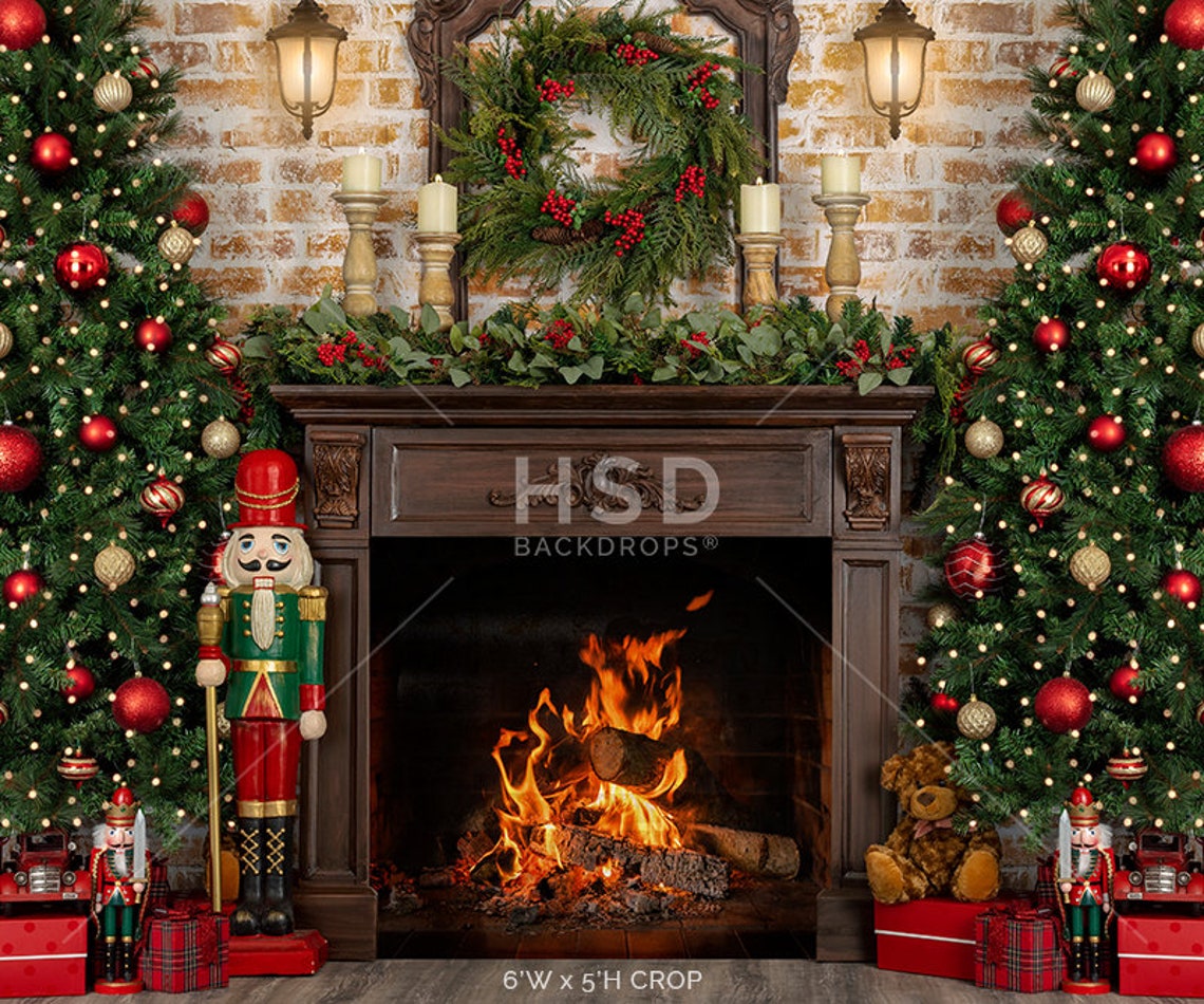 Christmas Fireplace Backdrop Holiday Backdrop Winter - Etsy