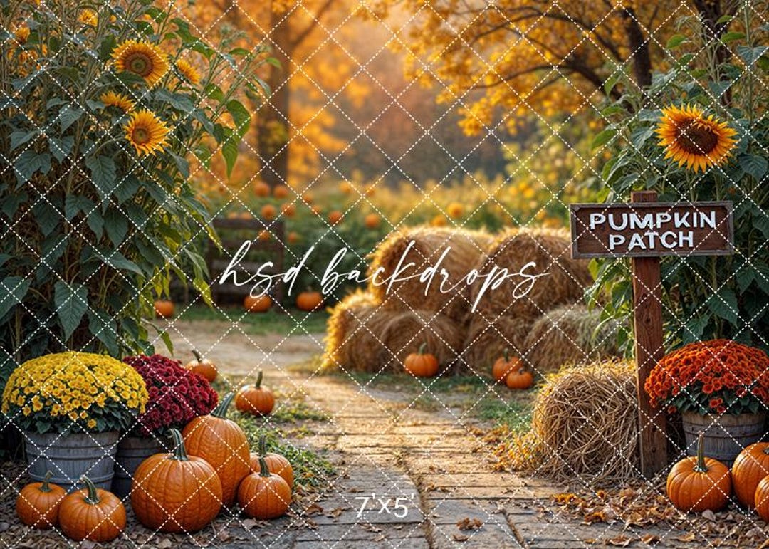 Pumpkin Patch Fall Backdrop With Sunflowers | Autumn Photo Background ...