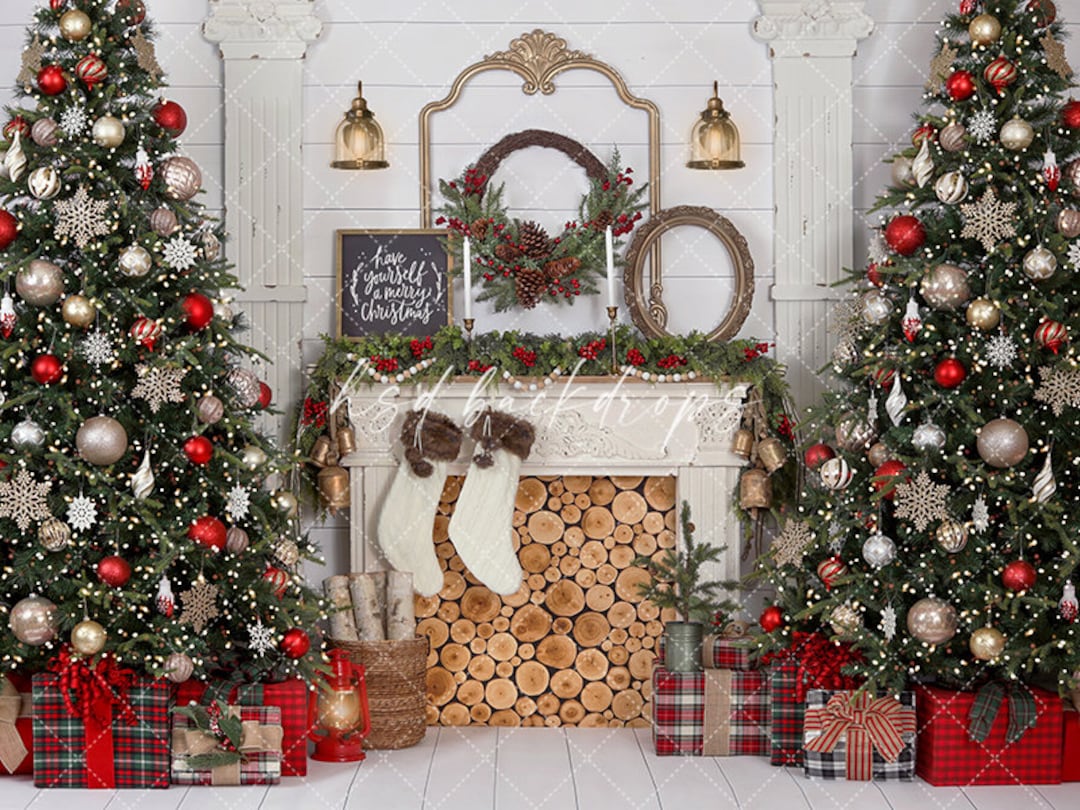 Christmas Fireplace Backdrop for Photography, Christmas Photo Backdrop, Christmas Background ...