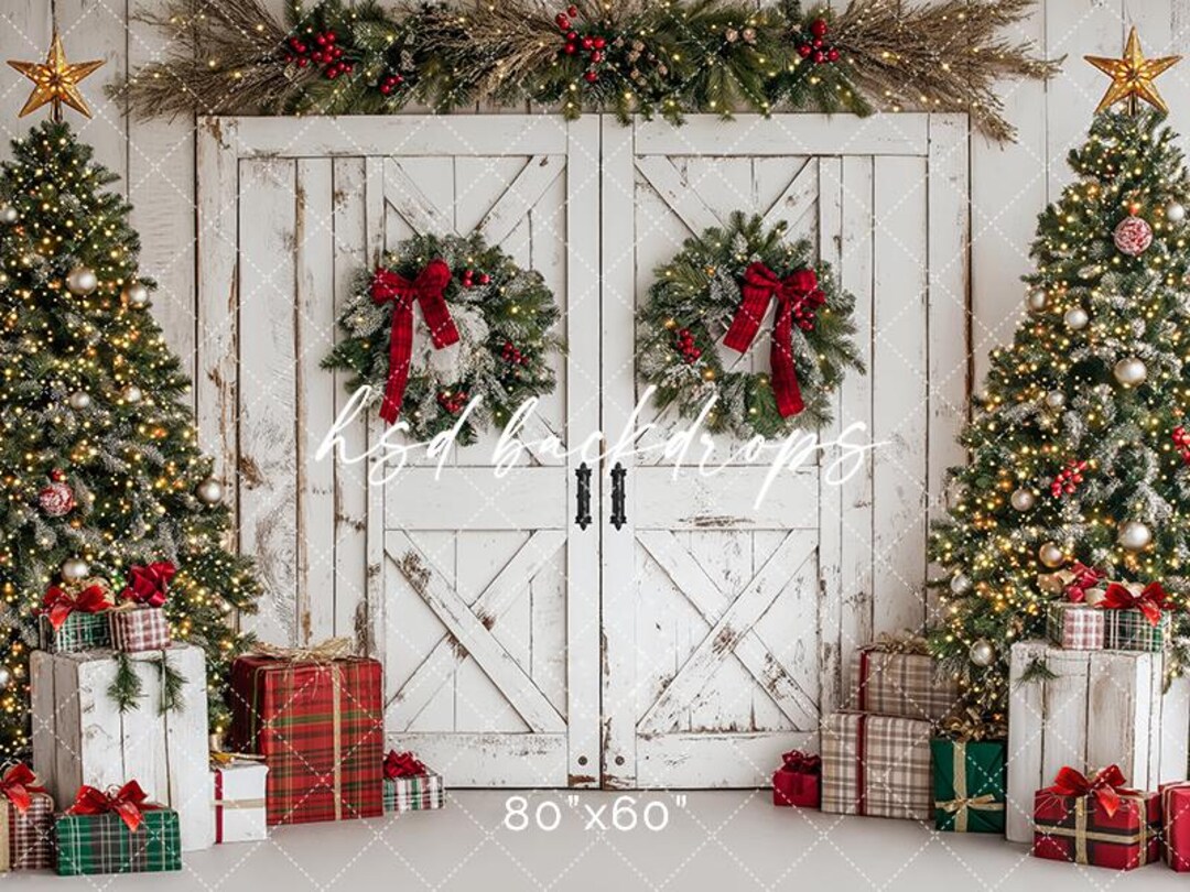 Rustic Christmas Barn Doors Backdrop for Photography, Christmas Tree ...
