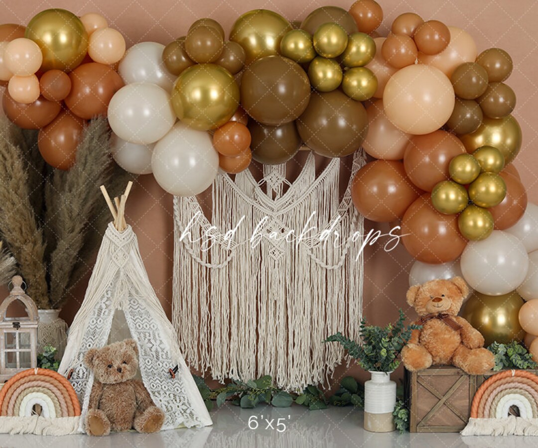Boho Teddy Bear Backdrop Printed Photography Backdrop Balloon Backdrop ...