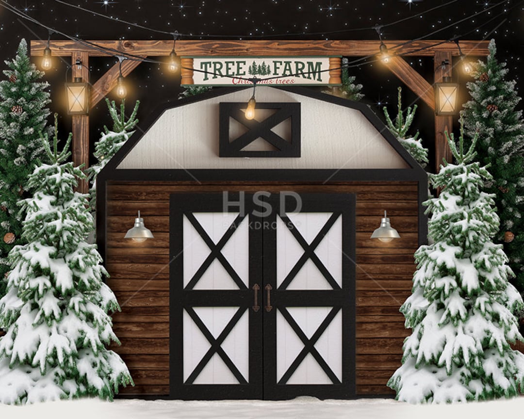 Christmas Tree Farm Backdrop With Barn, Holiday Backdrop, Winter ...