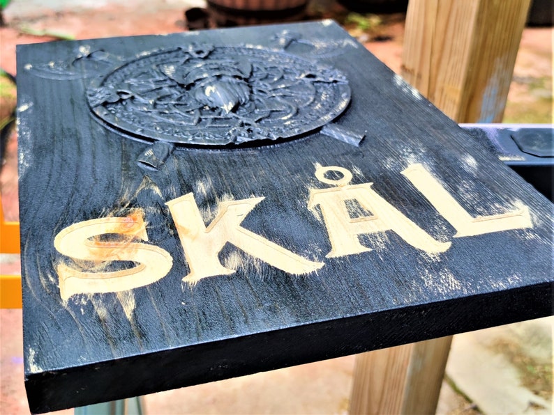 Viking Skal 3D Carve Wood Sign Norse Wall Art Man Cave Distressed Skål ...
