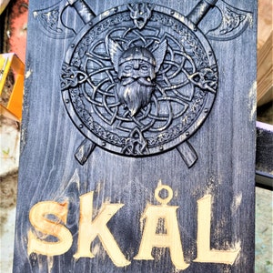 Viking Skal 3D Carve Wood Sign Norse Wall Art Man Cave Distressed Skål ...