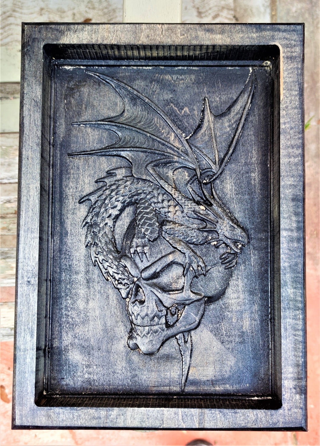 Dragon Skull Valet Catchall Dump Tray 3D Wood Carving Black Maple Wood ...