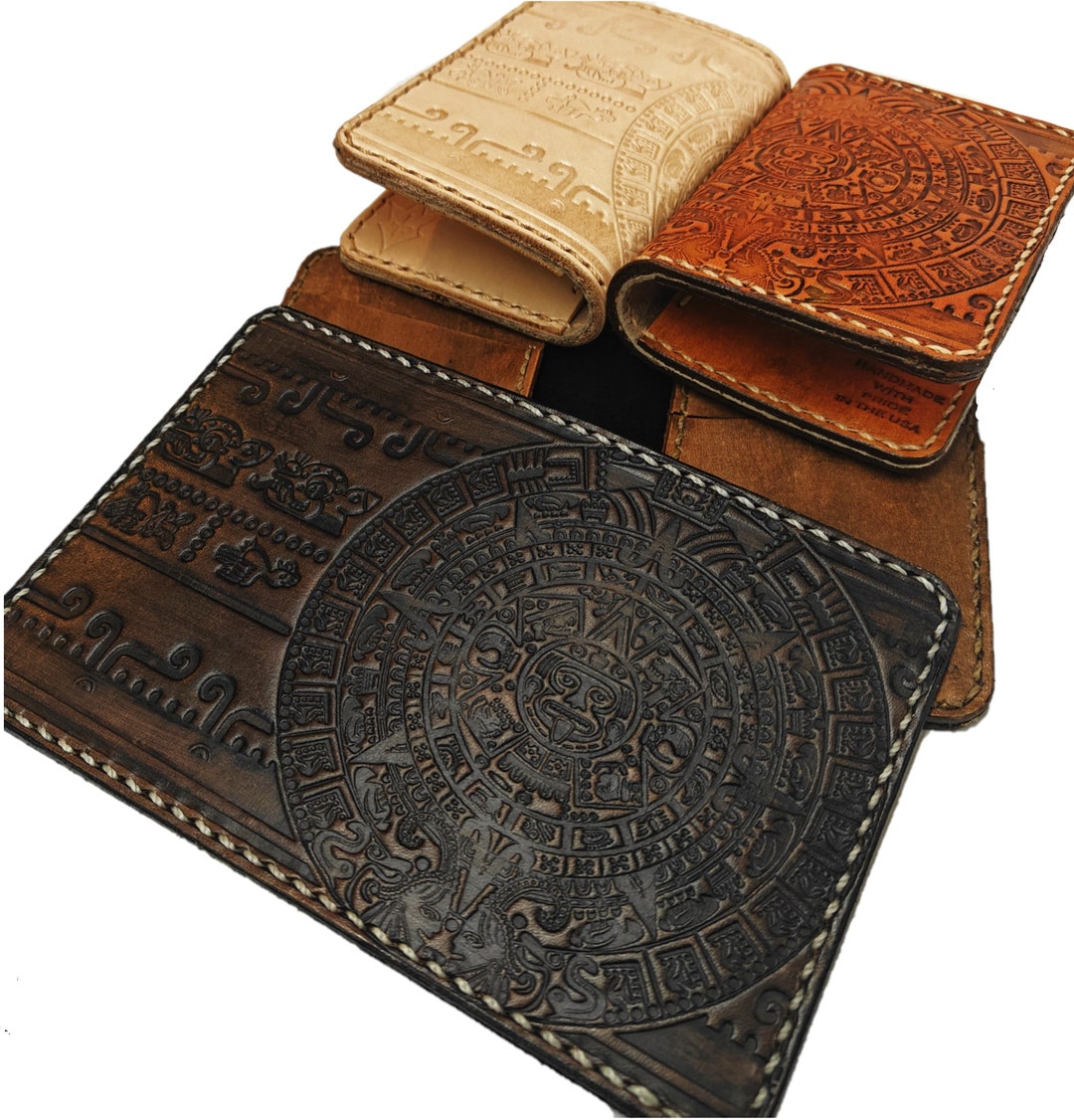 Aztec Calendar Bill Fold Wallet Leather Handmade Tan Black Brown - Etsy