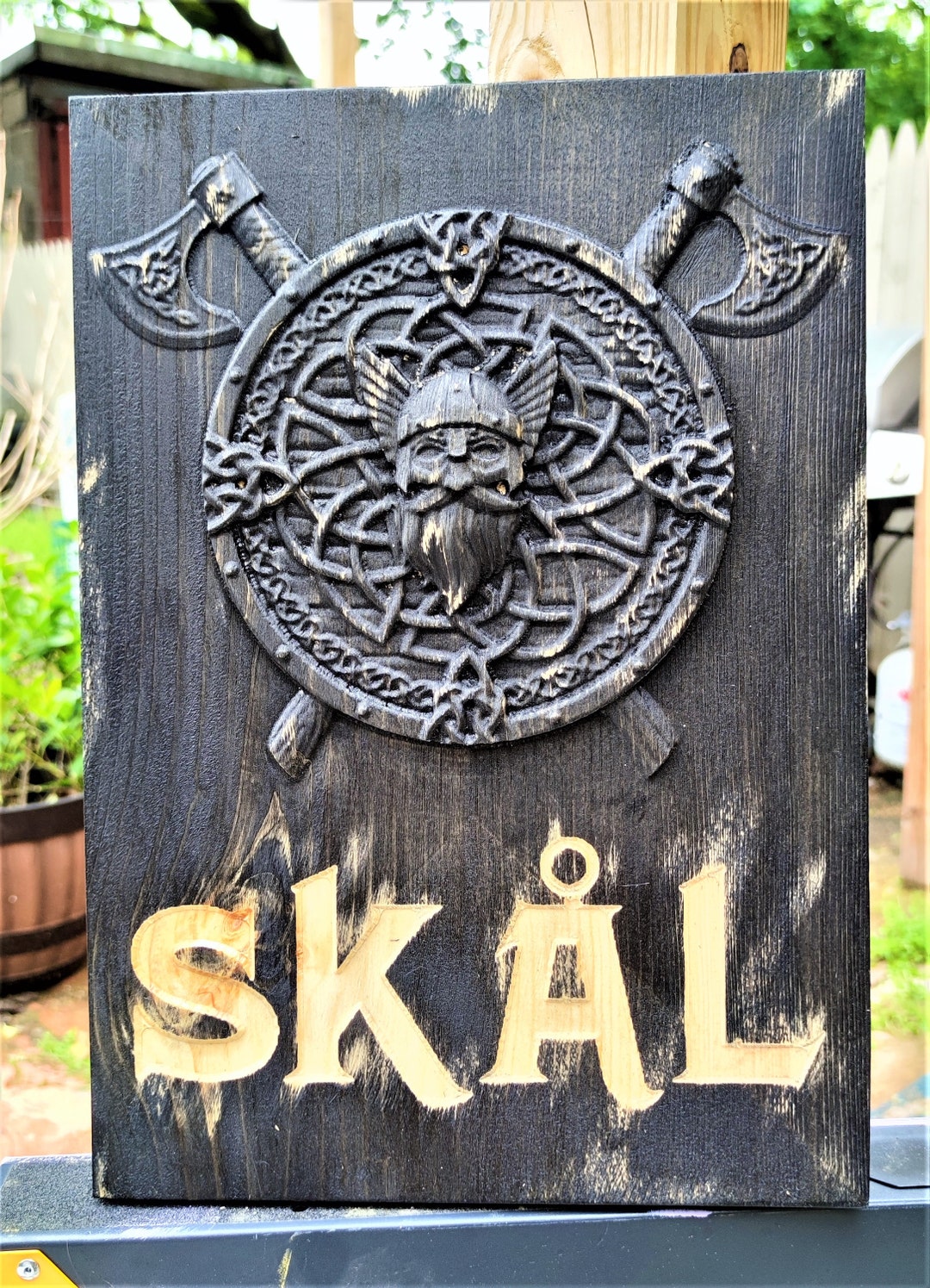 Viking Skal 3D Carve Wood Sign Norse Wall Art Man Cave Distressed Skål ...