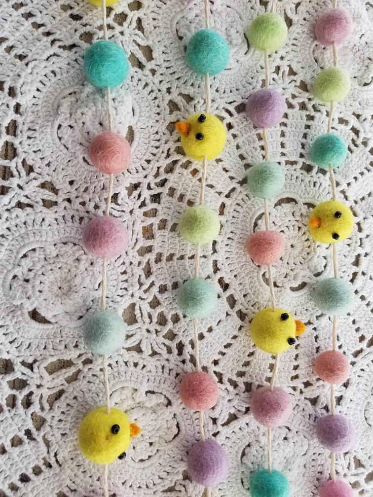 Easter chicks garland. felt ball garland decor Easter decor | Etsy