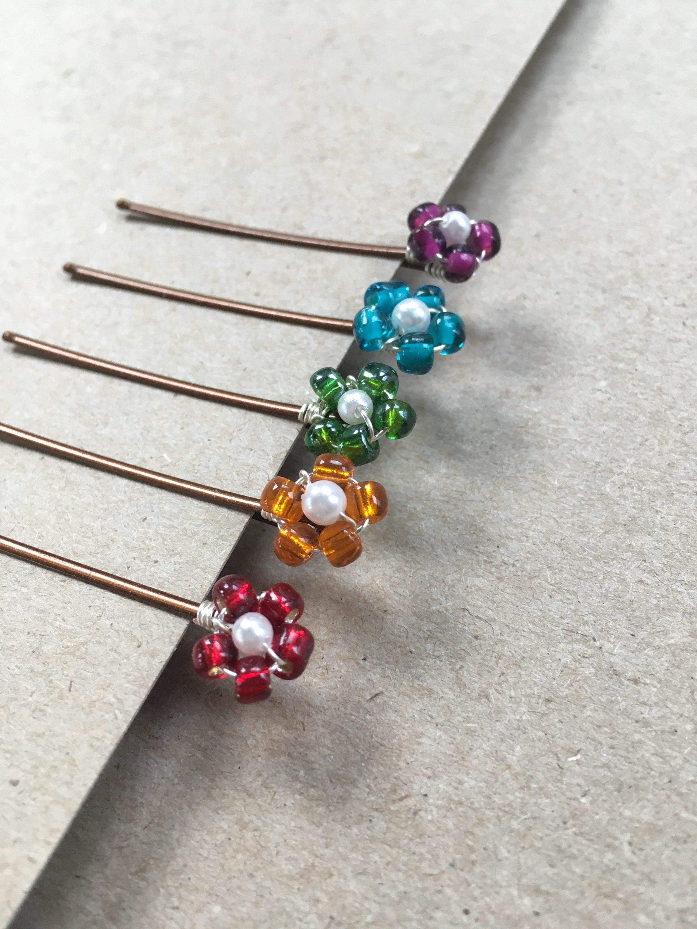 Bobby Pins, Beaded Flower Bobby Pins, Translucent Rainbow - Set of 5 ...
