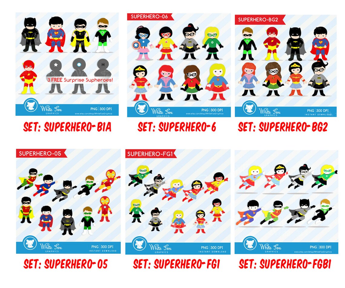 4 Set Combo Super Hero Clipart / Personal and Commercial Use / | Etsy
