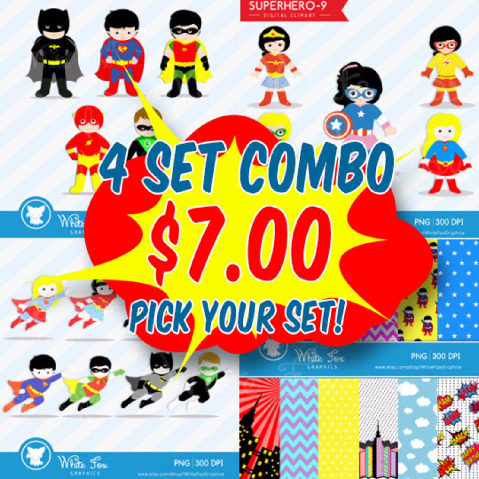 4 Set Combo Super Hero Clipart / Personal and Commercial Use / | Etsy