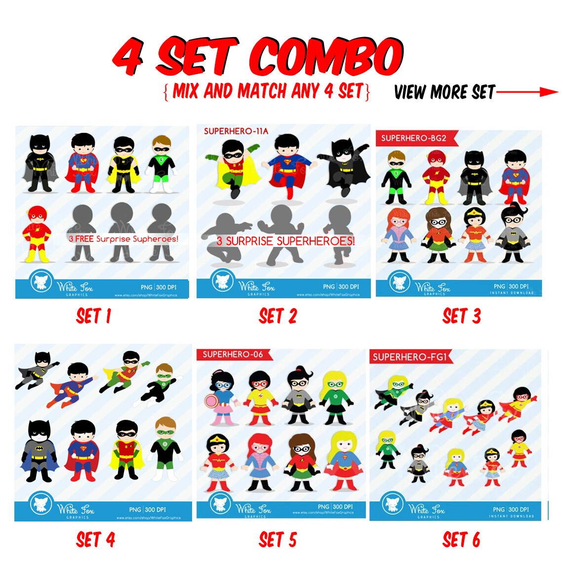 4 Set Combo Superhero Clipart / Pick Your Set / Superheroes - Etsy